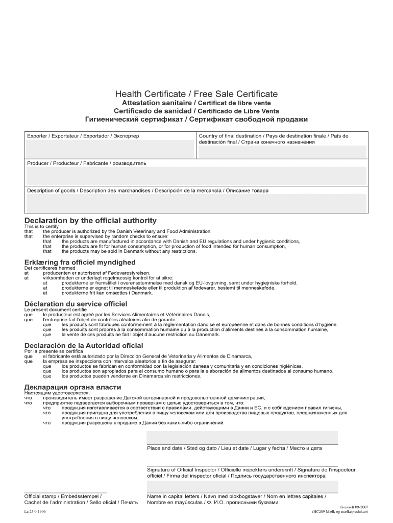 Fillable Online Health Certificate / Free Sale Certificate ...