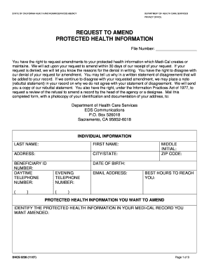 Fillable Online dhcs ca REQUEST TO AMEND PROTECTED HEALTH INFORMATION. DHCS 6238 Fax Email Print ...