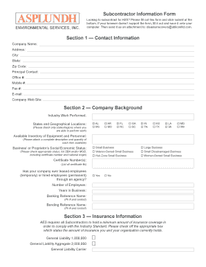 Fillable Online Subcontractor Information Form Section 1 Contact ...