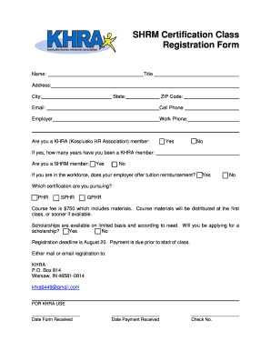 Fillable Online khra shrm SHRM Certification Class Registration Form ...