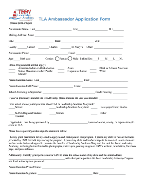 Fillable Online leadershipsomd TLA Ambassador Application Form ...