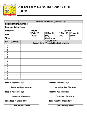 Fillable Online chefsonparade PROPERTY PASS IN / PASS OUT FORM - chefsonparade Fax Email Print ...