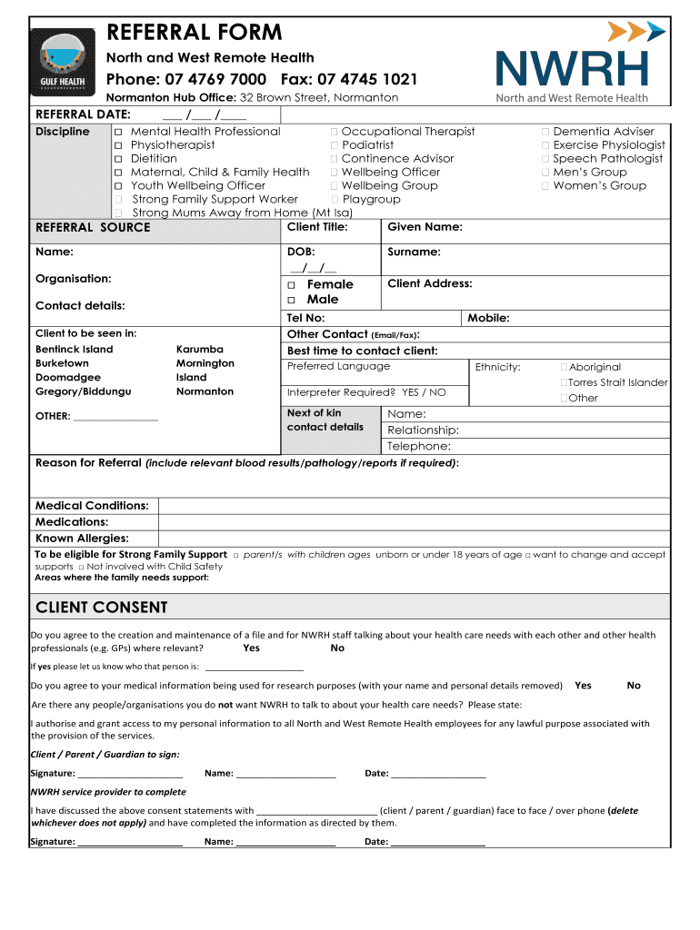 Fillable Online REFERRAL FORM North and West Remote Health Phone: 07 ...