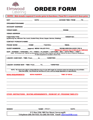 Fillable Online newfieldtavern co ELMWOOD CATERING FUNCTION SHEET ...