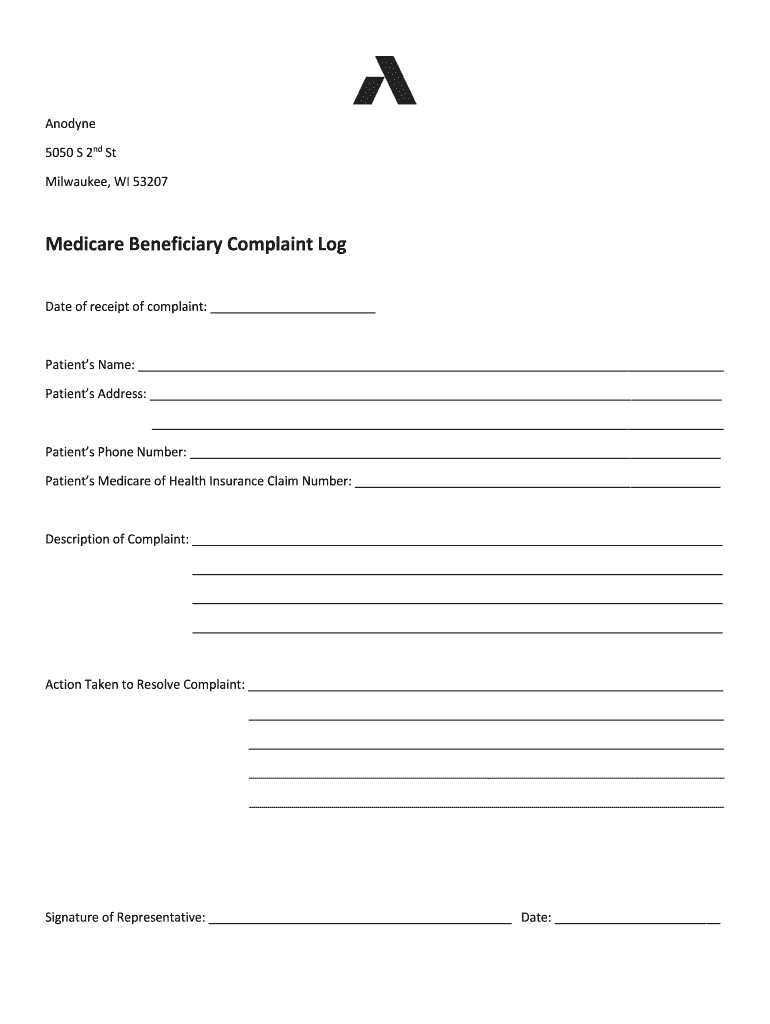 Fillable Online Medicare Beneficiary Complaint Log - Anodyne Fax Email ...
