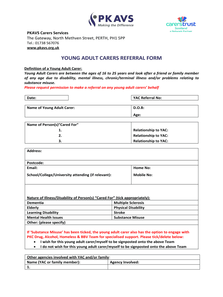 Fillable Online pkavscarershub org YOUNG ADULT CARERS REFERRAL FORM Fax Email Print - pdfFiller