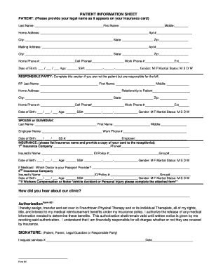 Fillable Online PATIENT INFORMATION SHEET - hamiltonpt.com Fax Email Print - pdfFiller