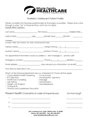 Fillable Online Adult Patient Profile - Whole Family Healthcare Fax ...