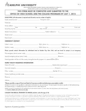 Fillable Online precollege adelphi PRE-COLLEGE PROGRAM STUDENT HEALTH ...