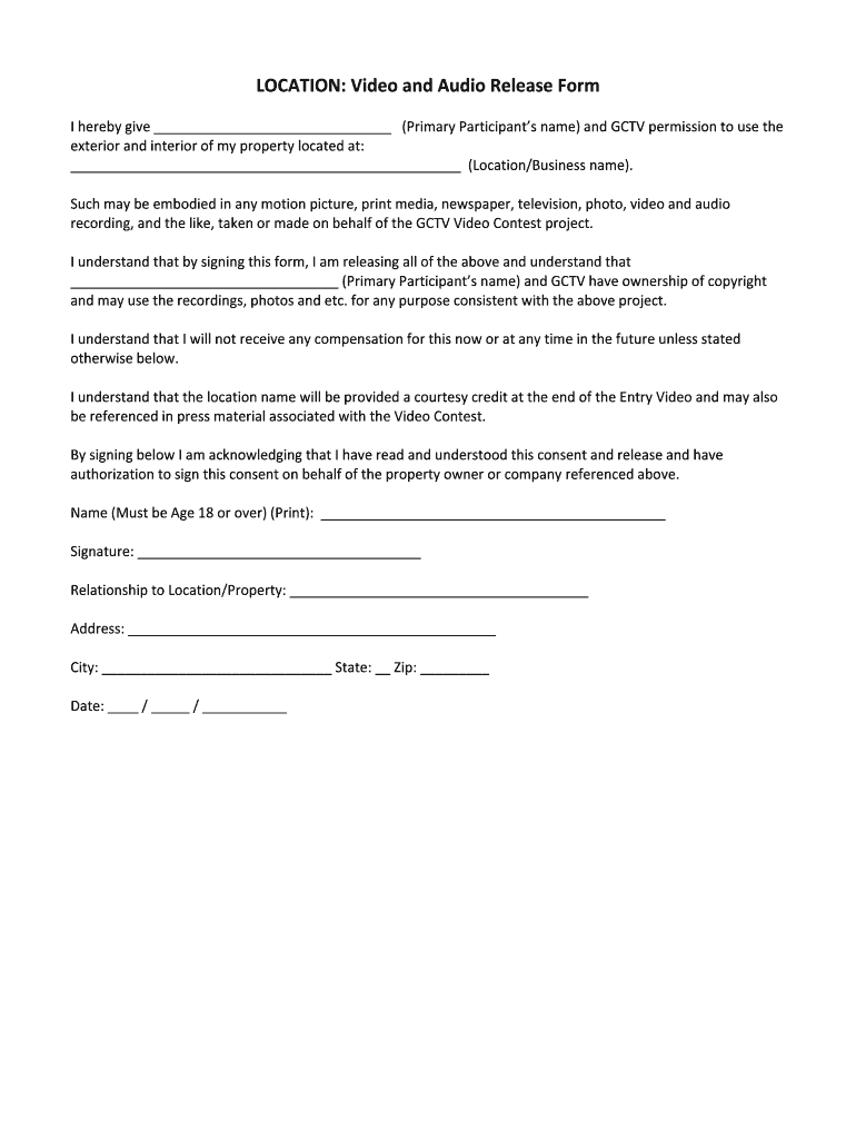Fillable Online guilfordtv LOCATION: Video and Audio Release Form - TV ...