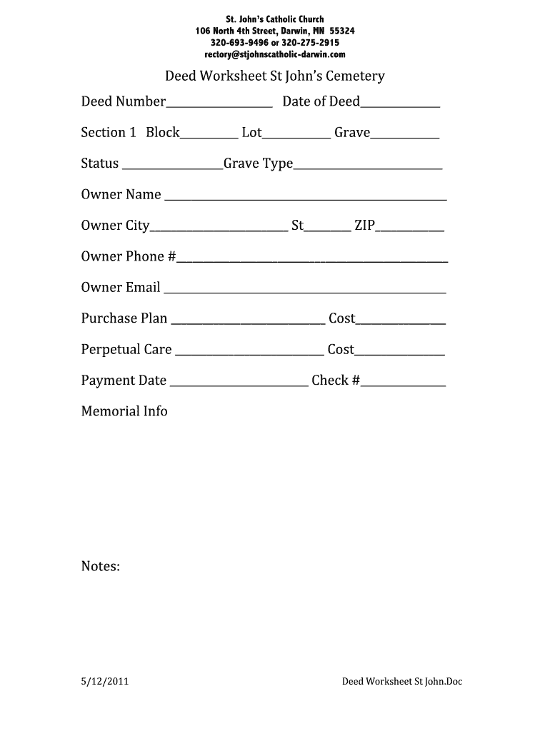 Fillable Online Deed Worksheet St Johns Cemetery Fax Email Print ...