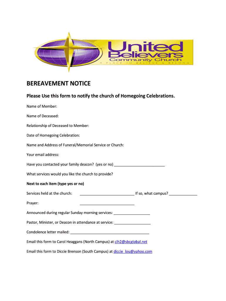 Fillable Online believeandbelong BEREAVEMENT NOTICE - believe and ...