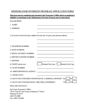 Fillable Online MISDEMEANOR DIVERSION PROGRAM APPLICATION FORM Fax ...