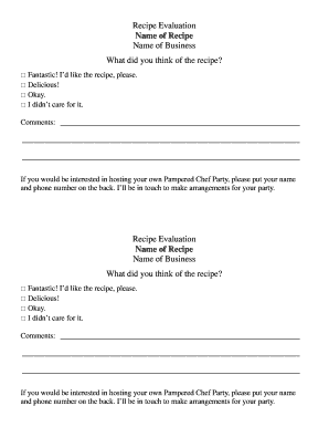 Fillable Online Pampered Business Recipe Evaluation Form Fax Email ...