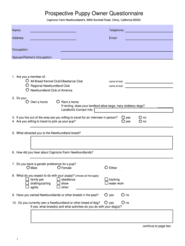 Fillable Online Prospective Puppy Owner Questionnaire Fax Email Print ...