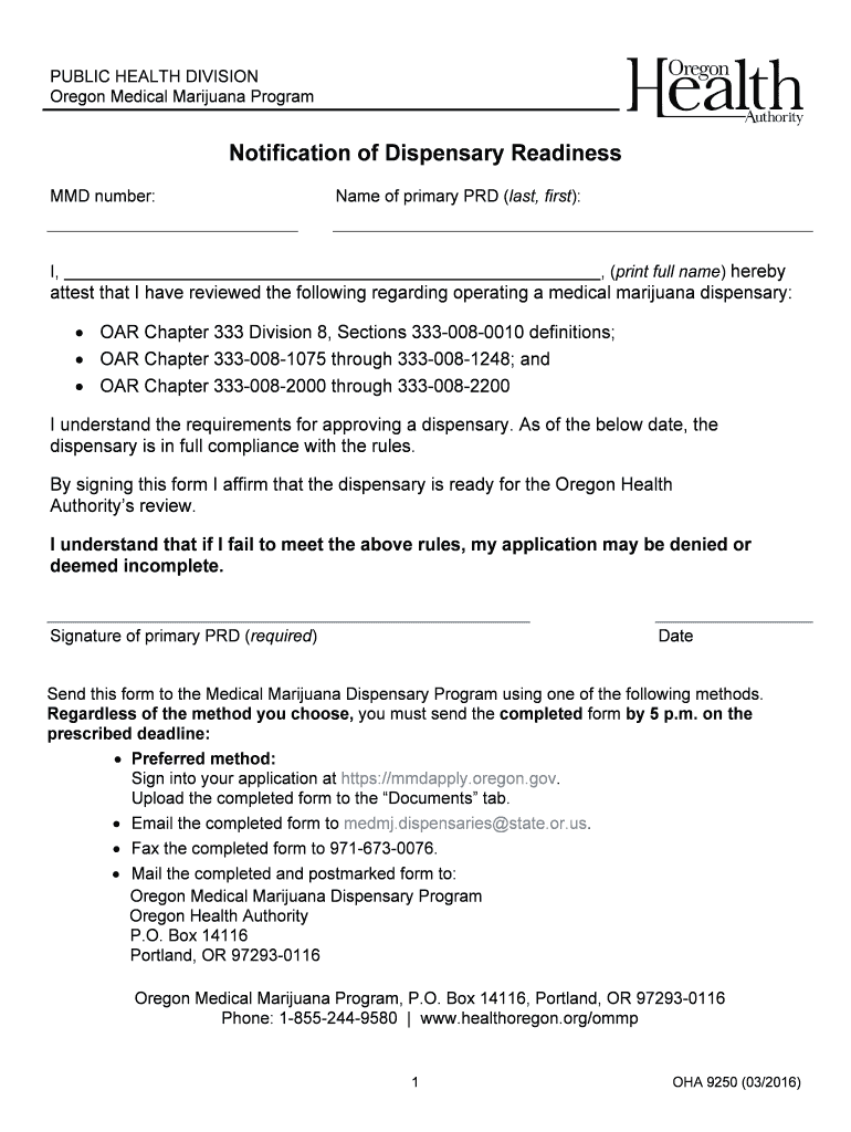 Fillable Online public health oregon OHA 9250 Notification of ...
