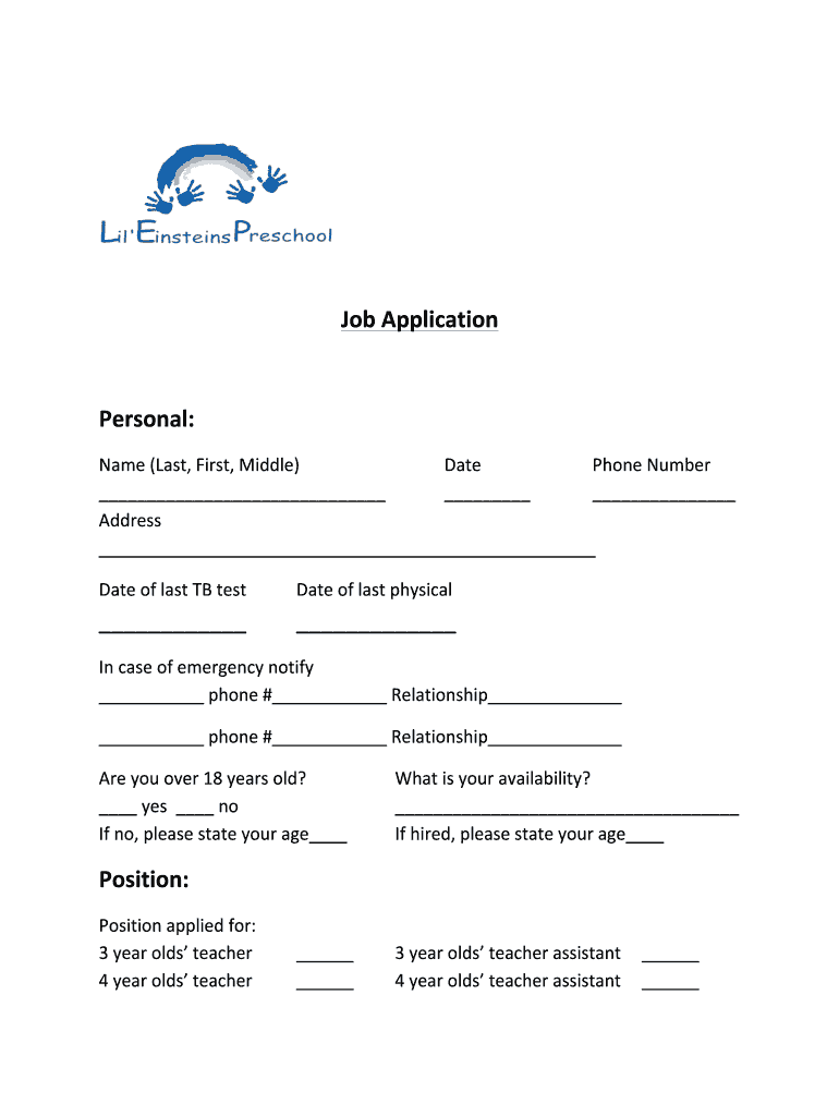 Fillable Online Lil Einsteins Job application - lileinsteinspreschool ...