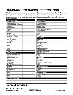 Fillable Online MASSAGE THERAPIST DEDUCTIONS Fax Email Print - pdfFiller
