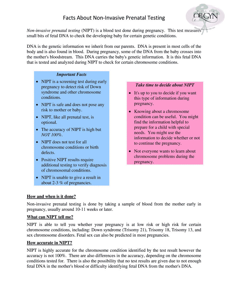 Fillable Online Non-invasive prenatal testing (NIPT) is a blood test ...
