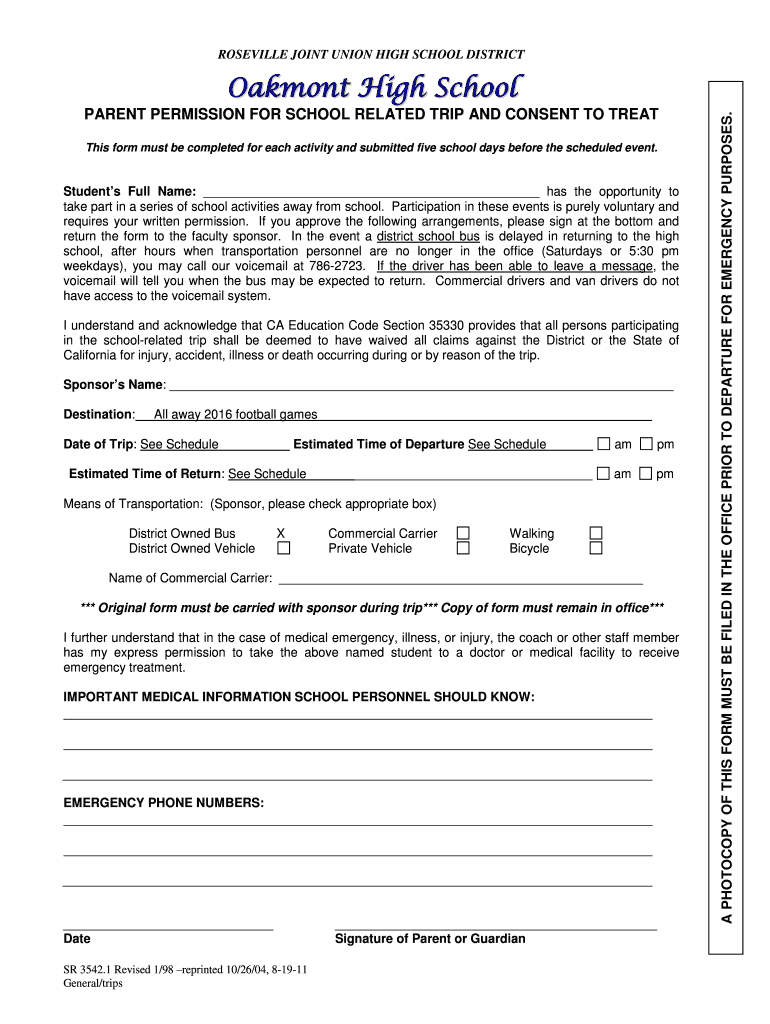 Fillable Online PARENT PERMISSION FOR SCHOOL RELATED TRIP AND CONSENT TO TREAT Fax Email Print ...