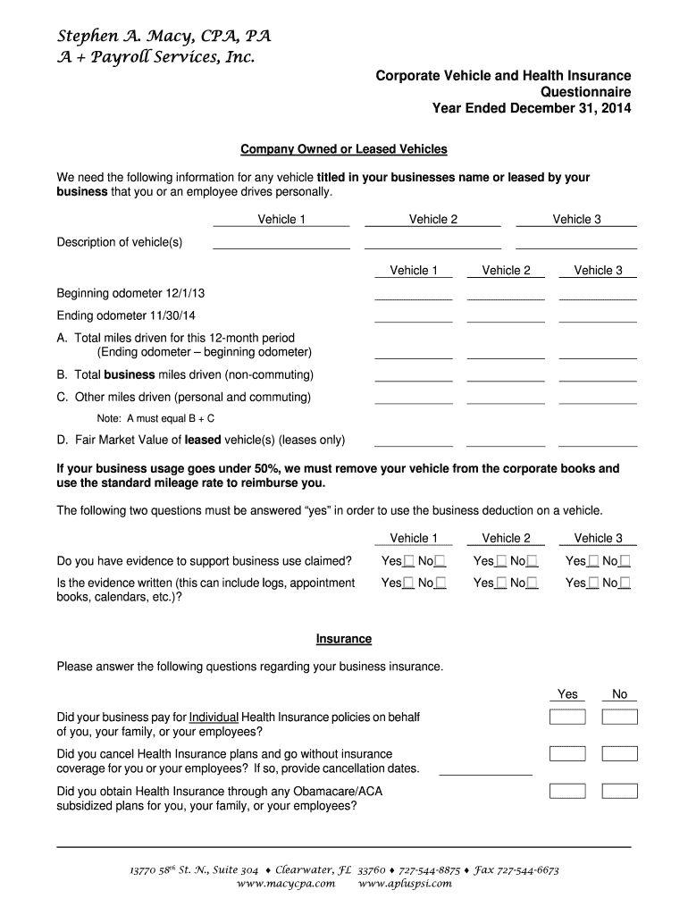 Fillable Online Stephen A. Macy, CPA, PA A + Payroll Services, Inc ...