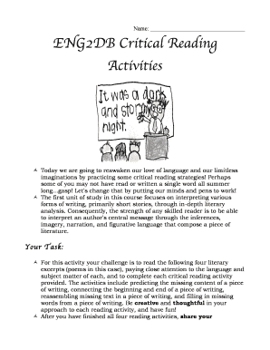 Fillable Online Name: ENG2DB Critical Reading Activities Fax Email ...