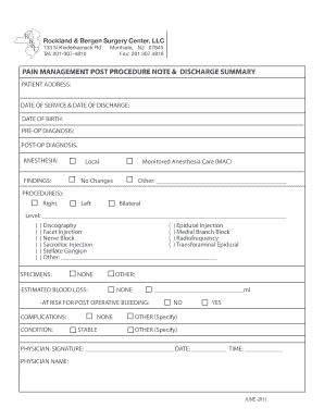 Fillable Online PAIN MANAGEMENT POST PROCEDURE NOTE & DISCHARGE SUMMARY ...