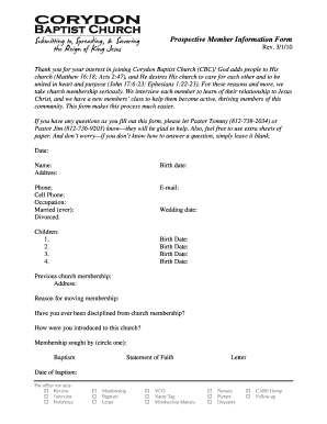 Fillable Online corydonbaptist Prospective Member Information Form Rev ...