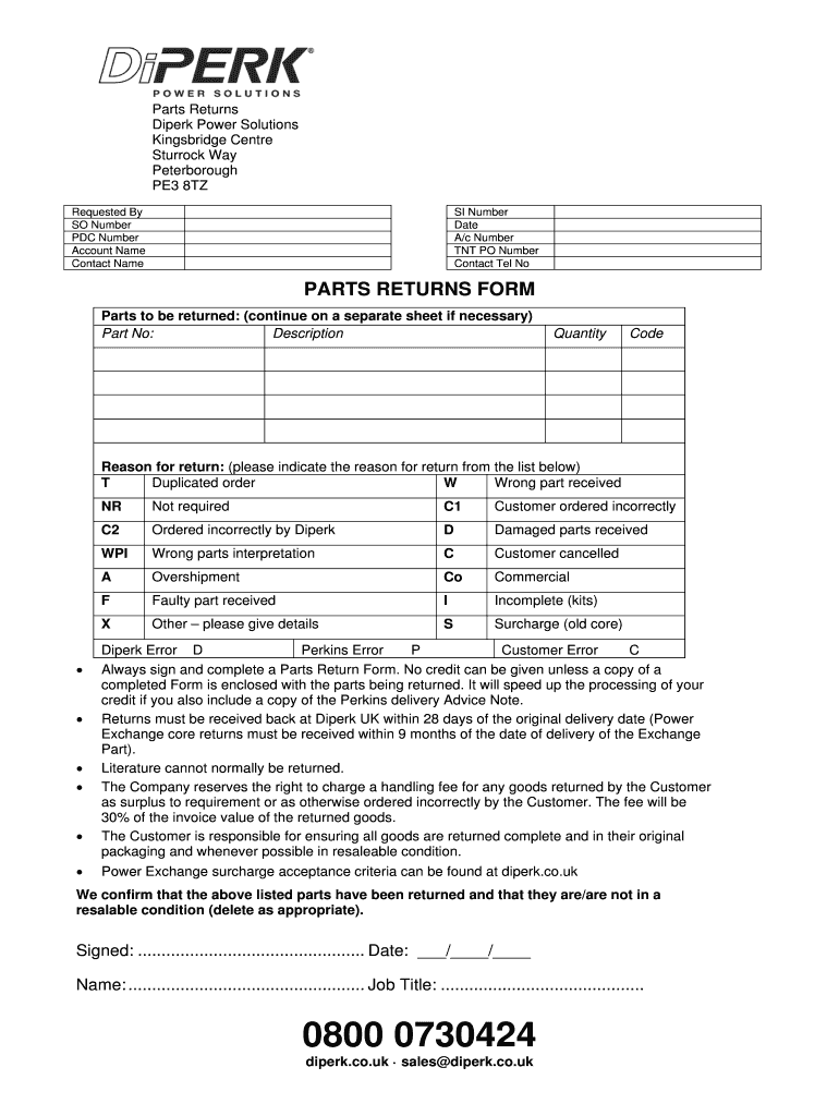 Fillable Online diperk co PARTS RETURN FORM.DOC - diperk co Fax Email ...