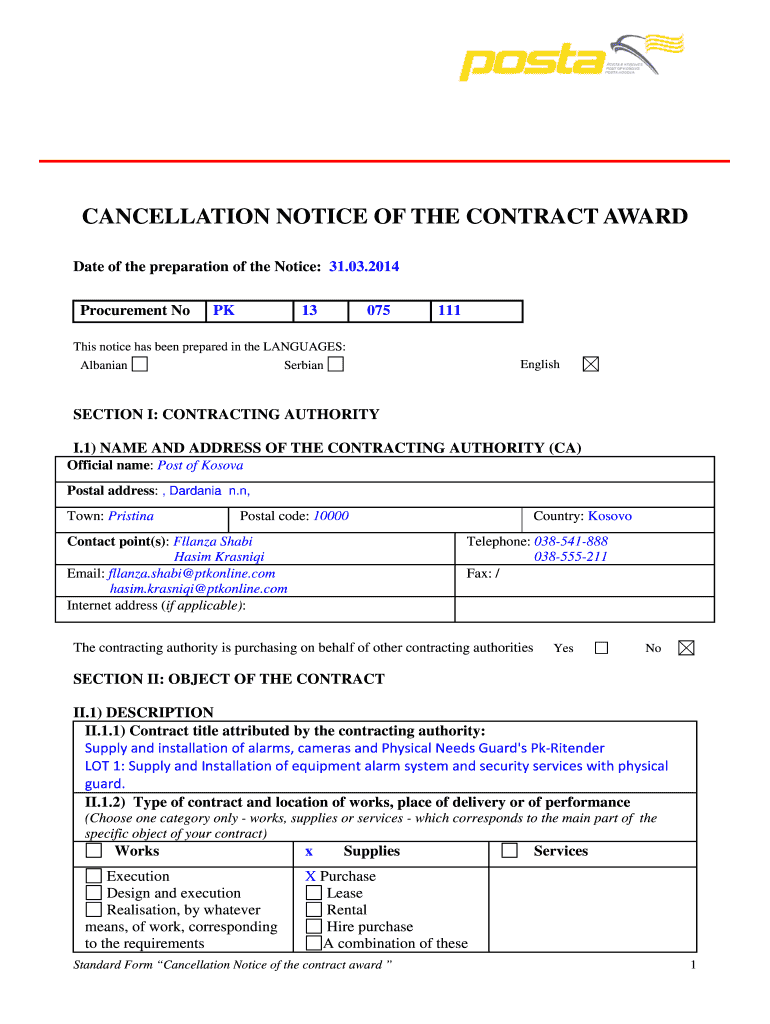 Fillable Online CANCELLATION NOTICE OF THE CONTRACT AWARD Date of the ...