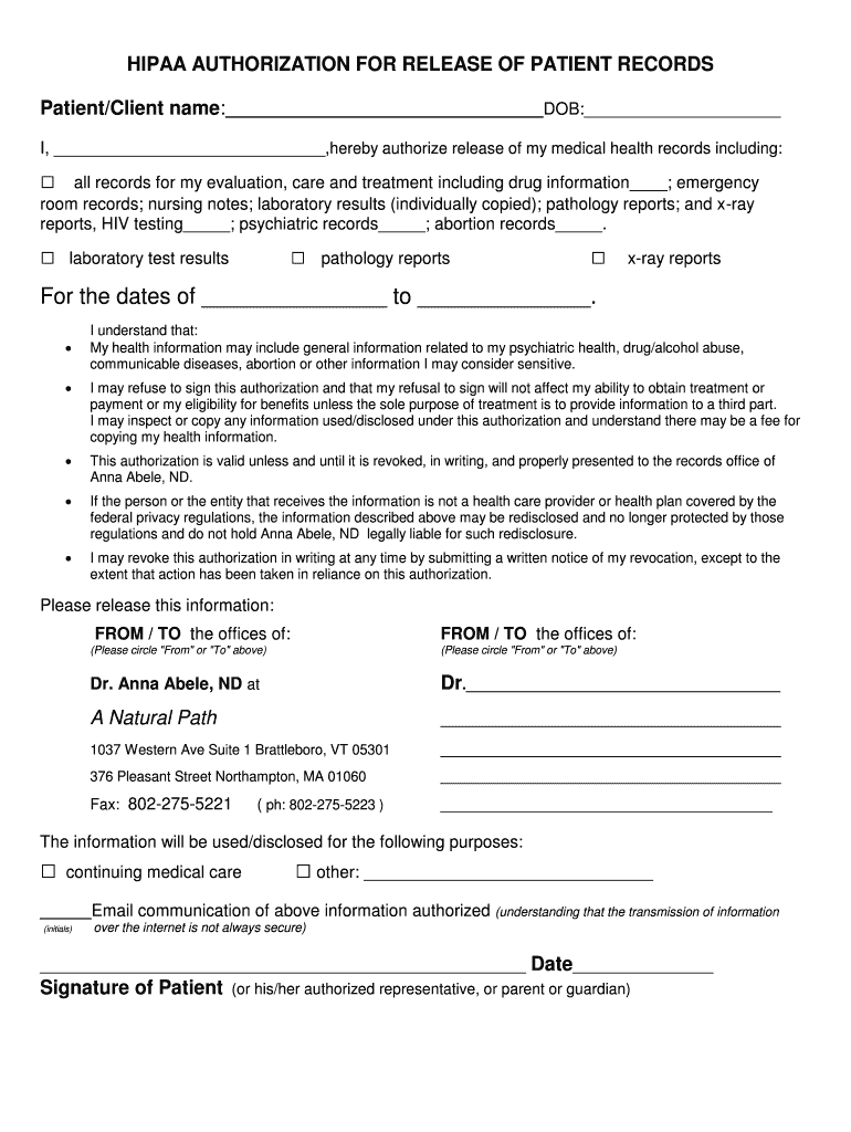 Fillable Online HIPAA AUTHORIZATION FOR RELEASE OF PATIENT RECORDS Fax ...