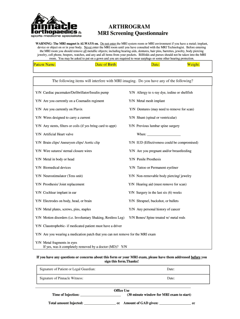 Fillable Online ARTHROGRAM MRI Screening Questionnaire Fax Email Print ...