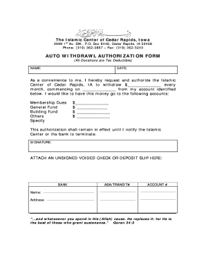Fillable Online AUTO WITHDRAWL AUTHORIZATION FORM Fax Email Print - pdfFiller