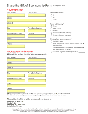Fillable Online orphanagesforafrica Share the Gift of Sponsorship Form ...