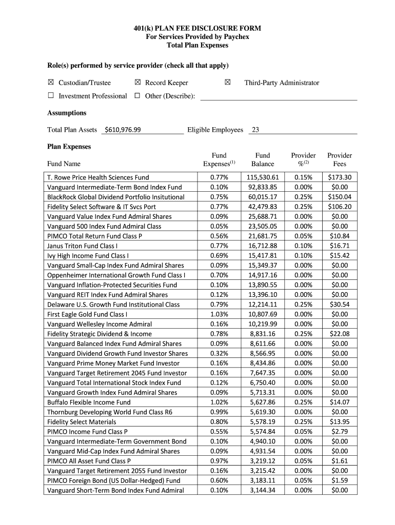 Fillable Online 401(k) PLAN FEE DISCLOSURE FORM For Services Provided ...