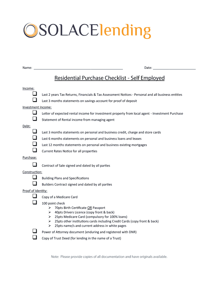 Fillable Online Residential Purchase Checklist - Self Employed Fax Email Print - pdfFiller