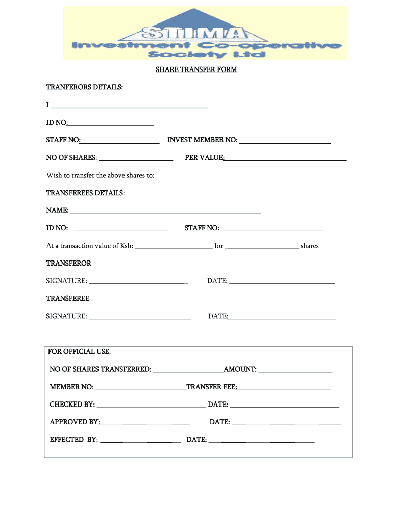 Fillable Online stimainvestment co SHARE TRANSFER FORM TRANFERORS ...
