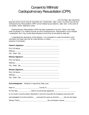 Fillable Online Consent to Withhold Cardiopulmonary Resuscitation (CPR ...