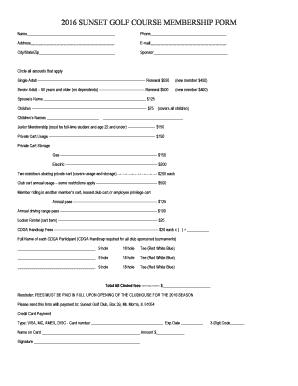 Fillable Online 2016 SUNSET GOLF COURSE MEMBERSHIP FORM Fax Email Print ...