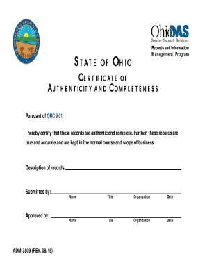 Fillable Online ADM 3509 Certificate of Authenticity & Completeness Fax ...