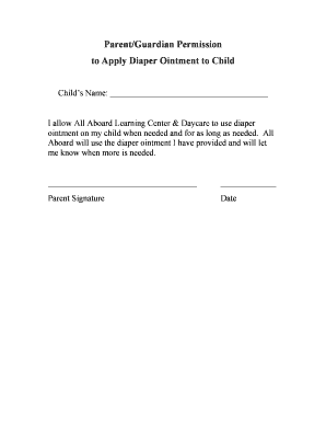 Fillable Online Parent/Guardian Permission to Apply Diaper Ointment to ...