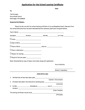 Fillable Online Application for the School Leaving Certificate - Divine ...