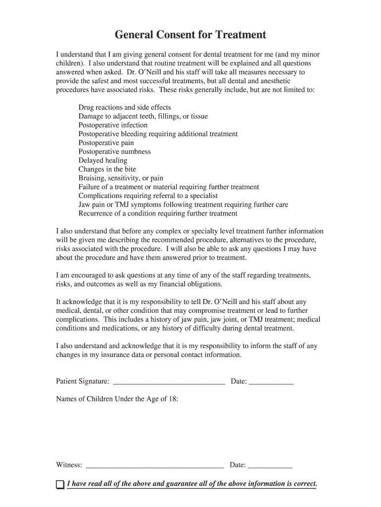 Fillable Online General Consent for Treatment - Twin Aspen Dental Center Fax Email Print - pdfFiller