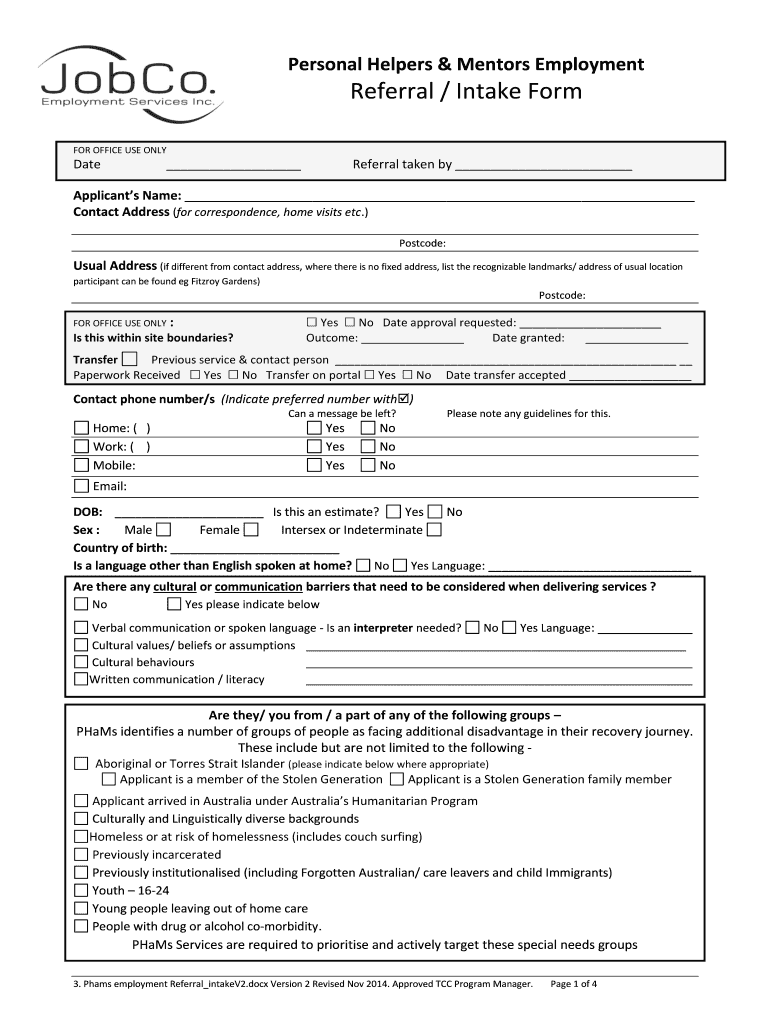 Fillable Online Personal Helpers & Mentors Employment Referral / Intake ...
