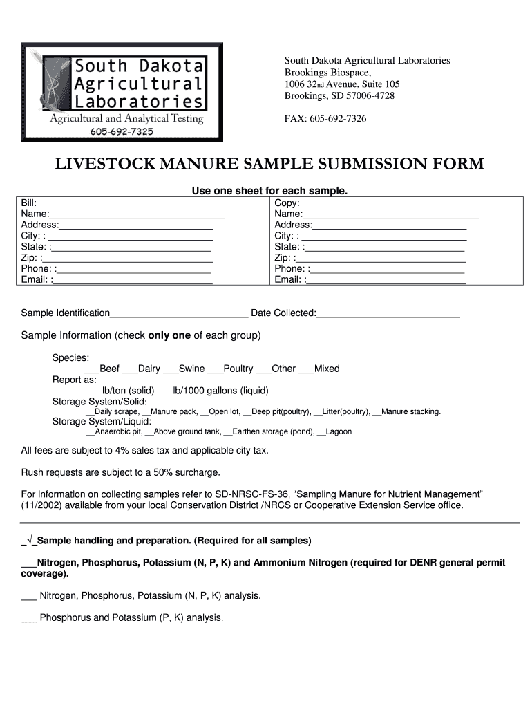 Fillable Online LIVESTOCK MANURE SAMPLE SUBMISSION FORM Fax Email Print ...