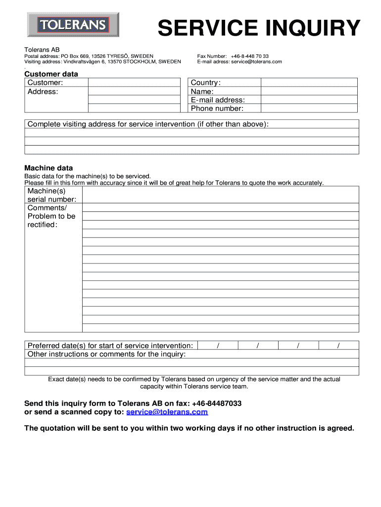 Fillable Online TOLERANS Inquiry Form.doc Fax Email Print - pdfFiller
