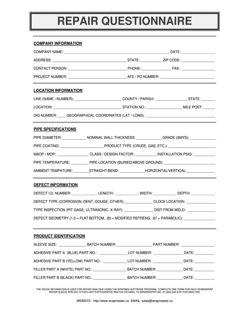 Fillable Online REPAIR QUESTIONNAIRE - WrapMaster, Inc Fax Email Print ...