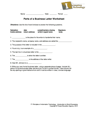 Fillable Online Parts of a Business Letter Worksheet - graysongateway ...
