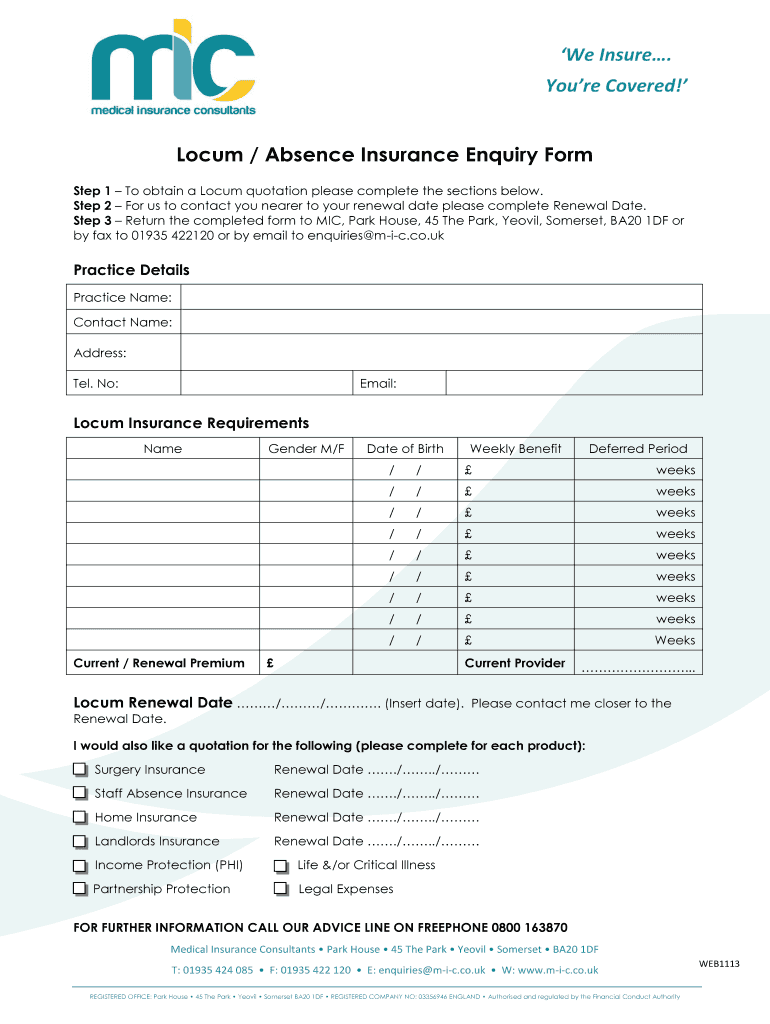 Fillable Online m-i-c co Locum / Absence Insurance Enquiry Form Fax Email Print - pdfFiller