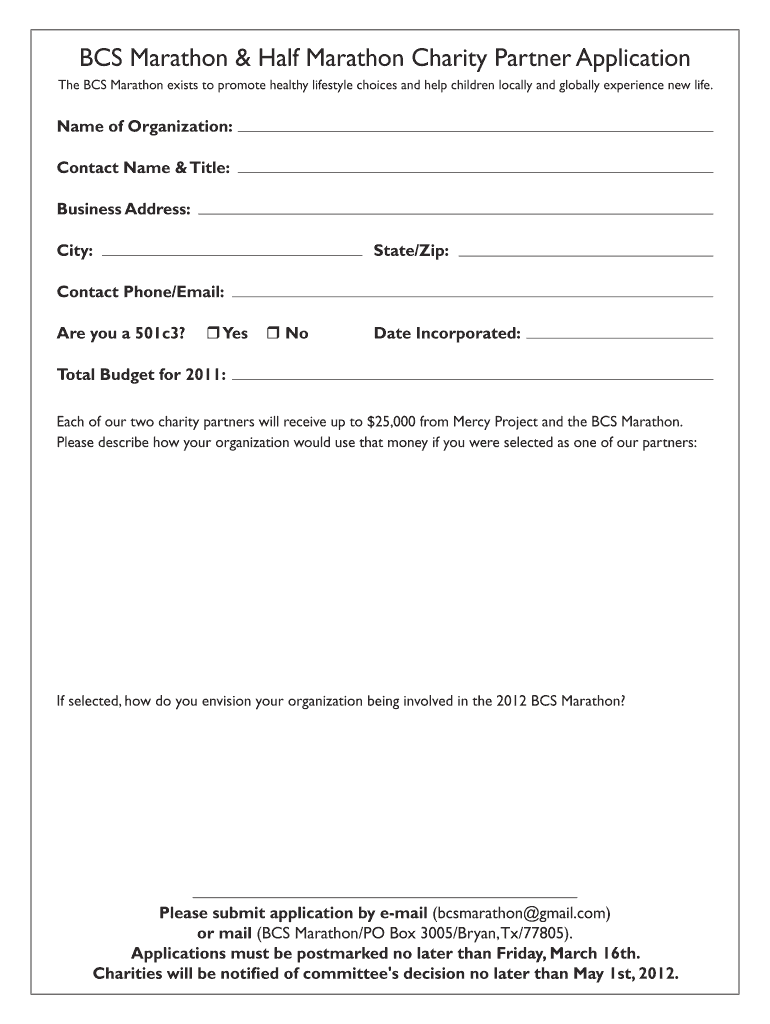 Fillable Online Charity Partner Application - BCS Marathon Fax Email ...